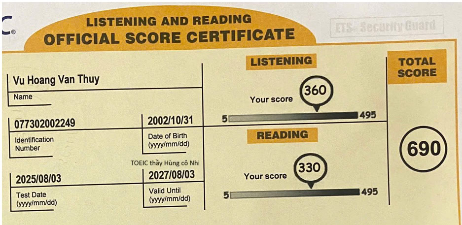 Vũ Thùy 690 TOEIC - TOEIC Thầy Hùng Cô Nhi